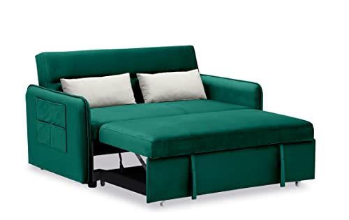 Velvet Upholstered Loveseat Sleeper w/Side Storage Pockets, 54'' 2-Seaters Sofa with Pull-Out Couch Bed with 2 Pillows & Adjustable Backrest for Living Room Apartment Office Compact Space, Green