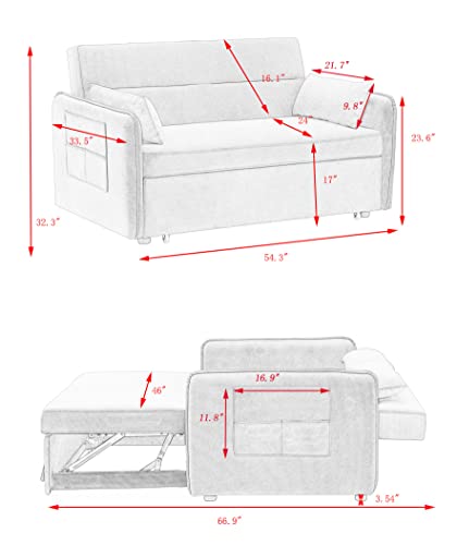 Velvet Upholstered Loveseat Sleeper w/Side Storage Pockets, 54'' 2-Seaters Sofa with Pull-Out Couch Bed with 2 Pillows & Adjustable Backrest for Living Room Apartment Office Compact Space, Green