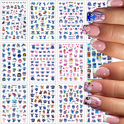 12 Sheets Cute Nail Art Stickers Cute Cartoon Nail Decals 3D Self Adhesive Nail Art Supplies Cartoon DIY Nail Designs Sticker Luxury Designer Nail Stickers for Girls Women Nail Decorations