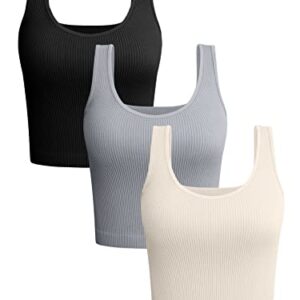 OQQ Women's 3 Piece Tank Shirt Ribbed Seamless Workout Exercise Yoga Sleeveless Crop, Black Grey Beige, Small