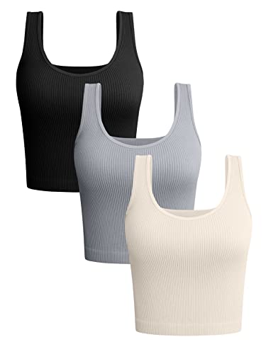 OQQ Women's 3 Piece Tank Shirt Ribbed Seamless Workout Exercise Yoga Sleeveless Crop, Black Grey Beige, Small