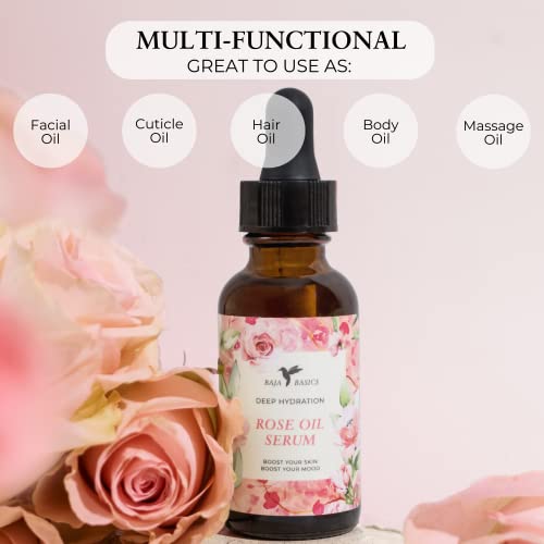 Baja Basics Rose Oil for Face, Rose Essential Oil, Face Serum and Rose Oil for Skin, Hair and Nails, Unrefined Moisturizer, Hydrating All Natural Skincare Product 1 oz