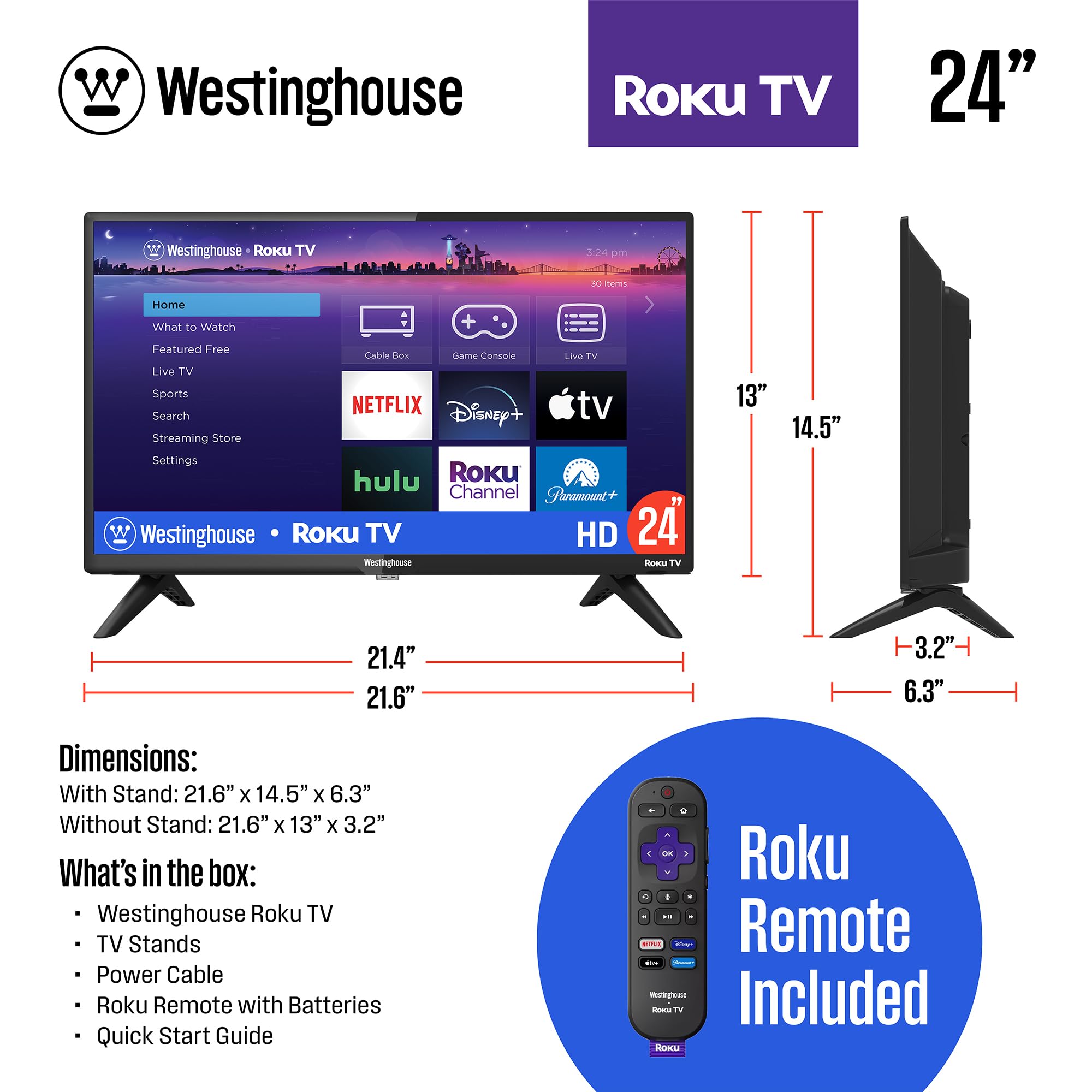 Westinghouse Roku TV - 24 Inch Smart TV, 720P LED HD TV with Wi-Fi Connectivity and Mobile App, Flat Screen TV Compatible with Apple Home Kit, Alexa and Google Assistant, 2023 Model