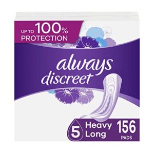 always discreet adult incontinence pads for women and postpartum pads, heavy long, 156 ct, up to 100% bladder leak protection