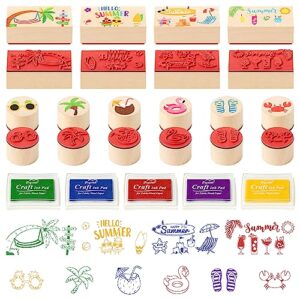 haooryx 10pcs summer beach theme wooden stamps with 5pcs stamp ink pads tropical summer time decorative stamping for classroom scrapbook greeting card decor diy art craft supply kid’s birthday gift