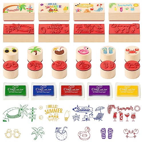 Haooryx 10pcs Summer Beach Theme Wooden Stamps with 5pcs Stamp Ink Pads Tropical Summer Time Decorative Stamping for Classroom Scrapbook Greeting Card Decor DIY Art Craft Supply Kid’s Birthday Gift