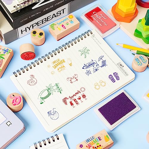 Haooryx 10pcs Summer Beach Theme Wooden Stamps with 5pcs Stamp Ink Pads Tropical Summer Time Decorative Stamping for Classroom Scrapbook Greeting Card Decor DIY Art Craft Supply Kid’s Birthday Gift