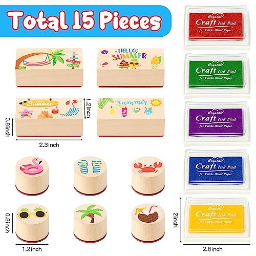 Haooryx 10pcs Summer Beach Theme Wooden Stamps with 5pcs Stamp Ink Pads Tropical Summer Time Decorative Stamping for Classroom Scrapbook Greeting Card Decor DIY Art Craft Supply Kid’s Birthday Gift