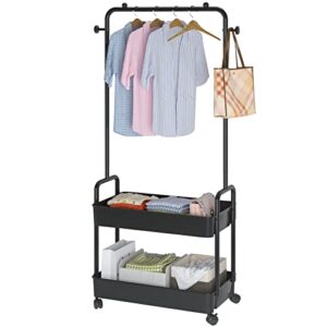 accstore metal clothing racks, freestanding trolley coat rack with wheels,garment rack for storage，clothes rack,heavy duty clothing rack,garment racks with 2 tier plastics storage shelf,black