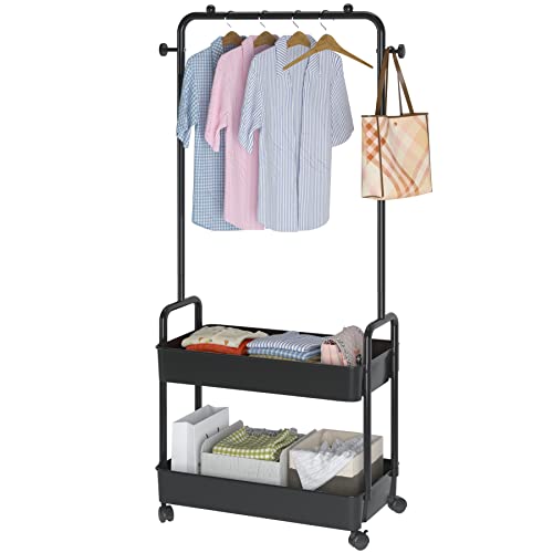 ACCSTORE Metal Clothing Racks, Freestanding Trolley Coat Rack With Wheels,Garment Rack For Storage，Clothes Rack,Heavy Duty Clothing Rack,Garment Racks With 2 Tier Plastics Storage Shelf,Black