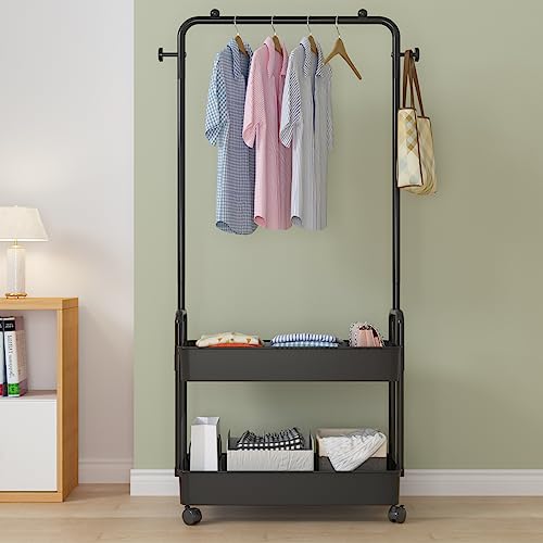 ACCSTORE Metal Clothing Racks, Freestanding Trolley Coat Rack With Wheels,Garment Rack For Storage，Clothes Rack,Heavy Duty Clothing Rack,Garment Racks With 2 Tier Plastics Storage Shelf,Black