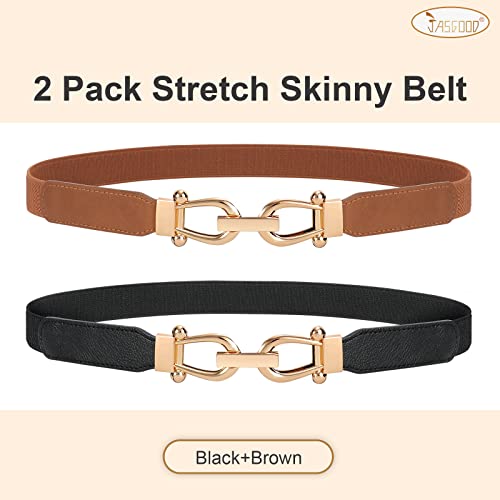 JASGOOD 2 Pack Women Stretchy Waist Belt Retro Elastic Skinny Belt for Ladies with Gold Buckle