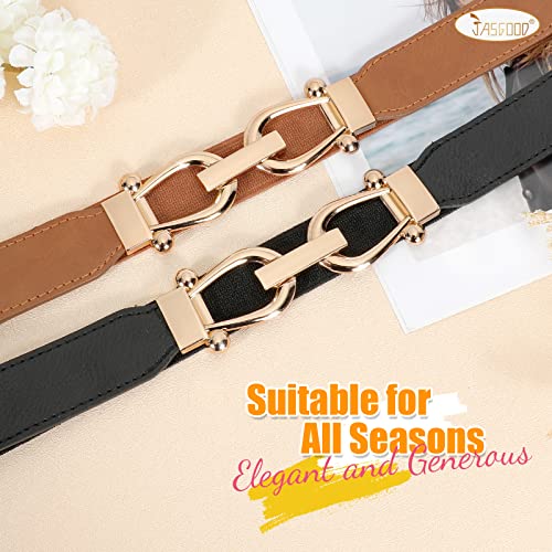 JASGOOD 2 Pack Women Stretchy Waist Belt Retro Elastic Skinny Belt for Ladies with Gold Buckle