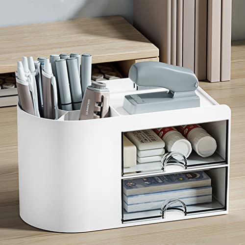 GGIANTGO Pencil Pen Holder for Desk, Office Desk Organizer with drawer, Cute Desktop Stationery Organizer, Business Card/Pen/Pencil/Stationery Holder Storage Box