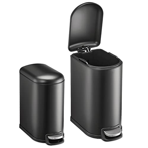 Black Kitchen Trash Can Combo Set, Step Metal Garbage Cans with Lid, 10.6+2.6 Gallon Big Small Trash Can for Kitchen, Office, Bathroom