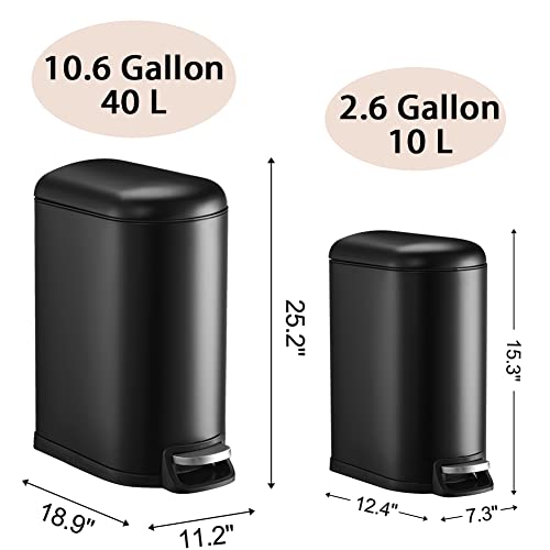 Black Kitchen Trash Can Combo Set, Step Metal Garbage Cans with Lid, 10.6+2.6 Gallon Big Small Trash Can for Kitchen, Office, Bathroom