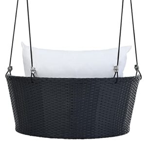 Outdoor Patio Wicker Porch Swings, 33.8" Wide Single Person Hanging Chair with Black Woven Rattan and White Cushions