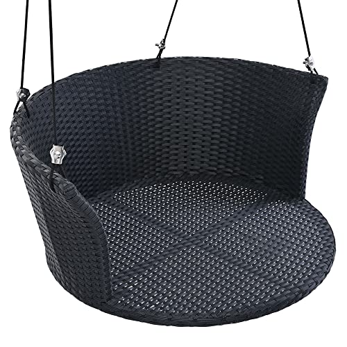 Outdoor Patio Wicker Porch Swings, 33.8" Wide Single Person Hanging Chair with Black Woven Rattan and White Cushions