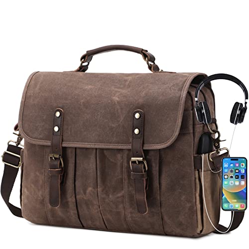 NerIion Messenger Bag for Men 15.6 Inch Vintage Canvas Genuine Leather Briefcase for Men Laptop Bag Waterproof Computer Satchel Shoulder Bag (Brown)