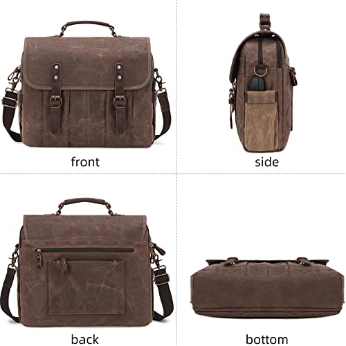 NerIion Messenger Bag for Men 15.6 Inch Vintage Canvas Genuine Leather Briefcase for Men Laptop Bag Waterproof Computer Satchel Shoulder Bag (Brown)