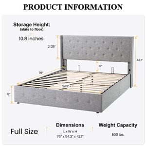 SHA CERLIN Full Size Lift Up Storage Bed/Button Tufted Wingback Headboard/Hydraulic Storage/Upholstered Platform Bed Frame/No Box Spring Needed/Wood Slats Support/Light Grey