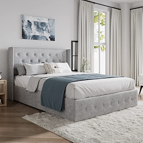 SHA CERLIN Full Size Lift Up Storage Bed/Button Tufted Wingback Headboard/Hydraulic Storage/Upholstered Platform Bed Frame/No Box Spring Needed/Wood Slats Support/Light Grey