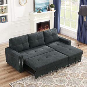 Pull Out Sofa Bed Sectional Sleeper Sofa with Reversible Storage Chaise and Side Pocket Convertible Upholstered L Shaped 3 Seater Couch with Silver Rivets for Living Room Apartment, Dark Gray