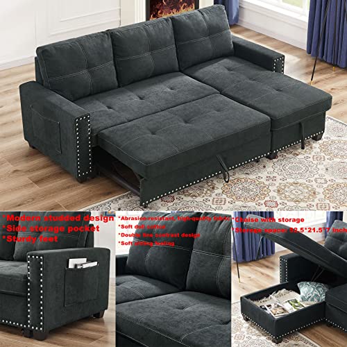 Pull Out Sofa Bed Sectional Sleeper Sofa with Reversible Storage Chaise and Side Pocket Convertible Upholstered L Shaped 3 Seater Couch with Silver Rivets for Living Room Apartment, Dark Gray