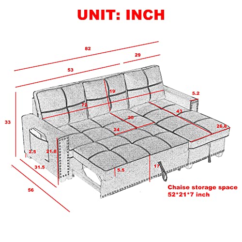 Pull Out Sofa Bed Sectional Sleeper Sofa with Reversible Storage Chaise and Side Pocket Convertible Upholstered L Shaped 3 Seater Couch with Silver Rivets for Living Room Apartment, Dark Gray