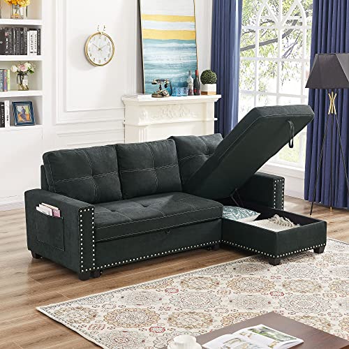 Pull Out Sofa Bed Sectional Sleeper Sofa with Reversible Storage Chaise and Side Pocket Convertible Upholstered L Shaped 3 Seater Couch with Silver Rivets for Living Room Apartment, Dark Gray