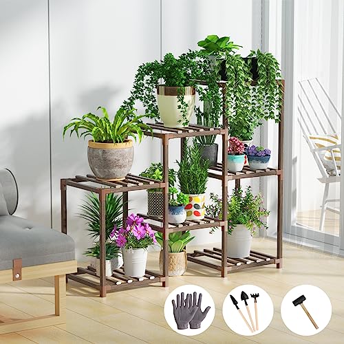 Blvornl Plant Stand Indoor Outdoor, 3 Tiers 7 Pots Ladder Corner Wood Plant Rack Holder Tiered Plant Shelf, Flower Pots Assembled Plant Stand for Patio Lawn Window Balcony Living Room Hallway Garden