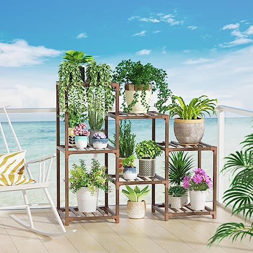 Blvornl Plant Stand Indoor Outdoor, 3 Tiers 7 Pots Ladder Corner Wood Plant Rack Holder Tiered Plant Shelf, Flower Pots Assembled Plant Stand for Patio Lawn Window Balcony Living Room Hallway Garden