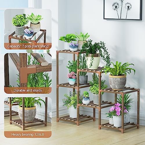 Blvornl Plant Stand Indoor Outdoor, 3 Tiers 7 Pots Ladder Corner Wood Plant Rack Holder Tiered Plant Shelf, Flower Pots Assembled Plant Stand for Patio Lawn Window Balcony Living Room Hallway Garden