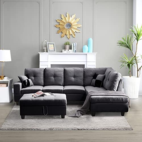 BIADNBZ Sectional Couch for Living Room with Right Chaise Lounge Storage Ottoman L-Shaped Sofas, Gray