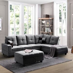 BIADNBZ Sectional Couch for Living Room with Right Chaise Lounge Storage Ottoman L-Shaped Sofas, Gray