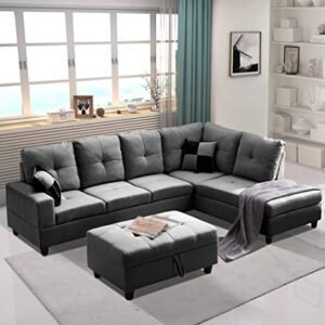 BIADNBZ Sectional Couch for Living Room with Right Chaise Lounge Storage Ottoman L-Shaped Sofas, Gray