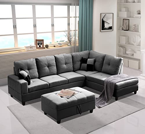 BIADNBZ Sectional Couch for Living Room with Right Chaise Lounge Storage Ottoman L-Shaped Sofas, Gray