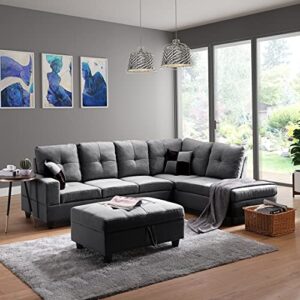 BIADNBZ Sectional Couch for Living Room with Right Chaise Lounge Storage Ottoman L-Shaped Sofas, Gray