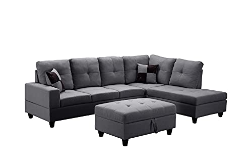 BIADNBZ Sectional Couch for Living Room with Right Chaise Lounge Storage Ottoman L-Shaped Sofas, Gray