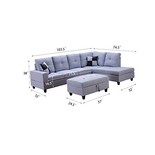 BIADNBZ Sectional Couch for Living Room with Right Chaise Lounge Storage Ottoman L-Shaped Sofas, Gray