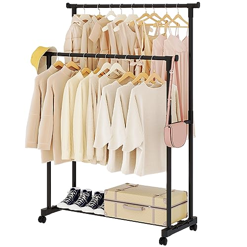 Calmootey Double Rods Clothing Garment Rack, Rolling Clothes Rack with Wheels, Hanging Clothes Organizer for Bedroom, Hallway, Black