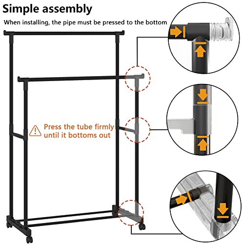 Calmootey Double Rods Clothing Garment Rack, Rolling Clothes Rack with Wheels, Hanging Clothes Organizer for Bedroom, Hallway, Black