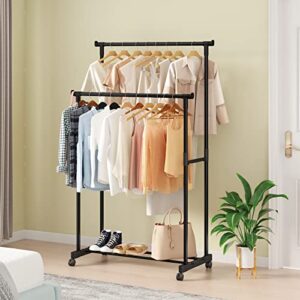 Calmootey Double Rods Clothing Garment Rack, Rolling Clothes Rack with Wheels, Hanging Clothes Organizer for Bedroom, Hallway, Black