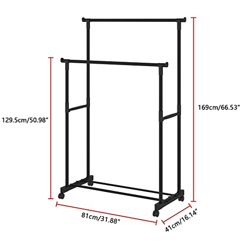 Calmootey Double Rods Clothing Garment Rack, Rolling Clothes Rack with Wheels, Hanging Clothes Organizer for Bedroom, Hallway, Black