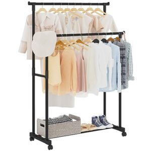 Calmootey Double Rods Clothing Garment Rack, Rolling Clothes Rack with Wheels, Hanging Clothes Organizer for Bedroom, Hallway, Black