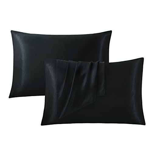 Superlake Ultrsoft Satin Pillowcase for Hair and Skin, Set of 2pc 20x30 Inches White Silk Standard Pillow Case, Envelope Closure Pillow Covers Gift for Women and Men (Standard, Black)