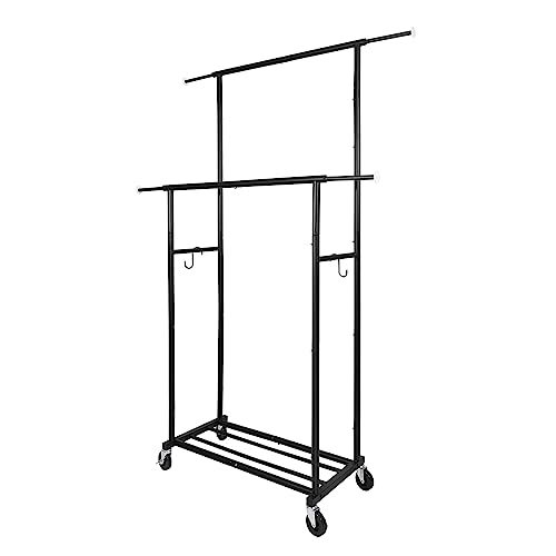 Fishat Simple Standard Freestanding Double Rod Clothing Metal Garment Rack for Hanging Clothes, Rolling Clothes Organizer on Lockable Wheels Mobile, with 2 Hooks (Black)