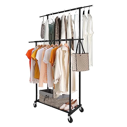 Fishat Simple Standard Freestanding Double Rod Clothing Metal Garment Rack for Hanging Clothes, Rolling Clothes Organizer on Lockable Wheels Mobile, with 2 Hooks (Black)