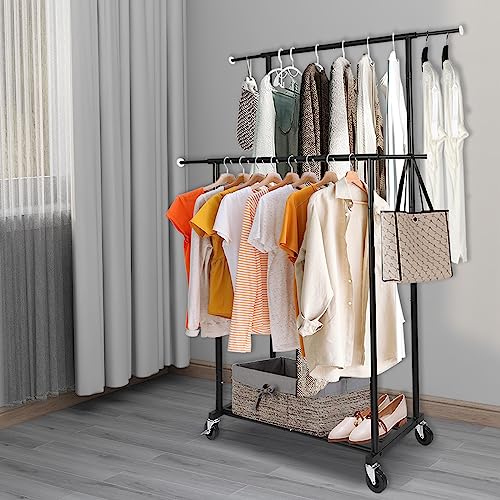 Fishat Simple Standard Freestanding Double Rod Clothing Metal Garment Rack for Hanging Clothes, Rolling Clothes Organizer on Lockable Wheels Mobile, with 2 Hooks (Black)