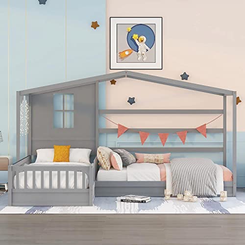 Harper & Bright Designs House Bed with Double Twin Beds, Wood L-Shaped 2 Platform Beds Roof ,Window,Fence and Slatted Design, Corner Playhouse Frame ,Montessori for Kids Girls Boys ,Grey